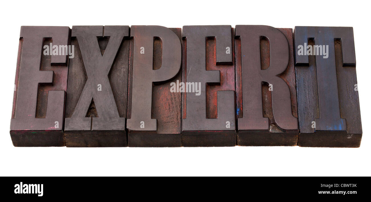 expert word in antique wooden letterpress printing blocks, stained by ...