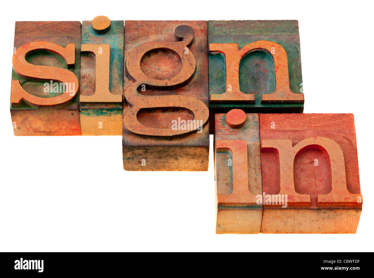 sign in - words in vintage wooden letterpress printing blocks, isolated ...