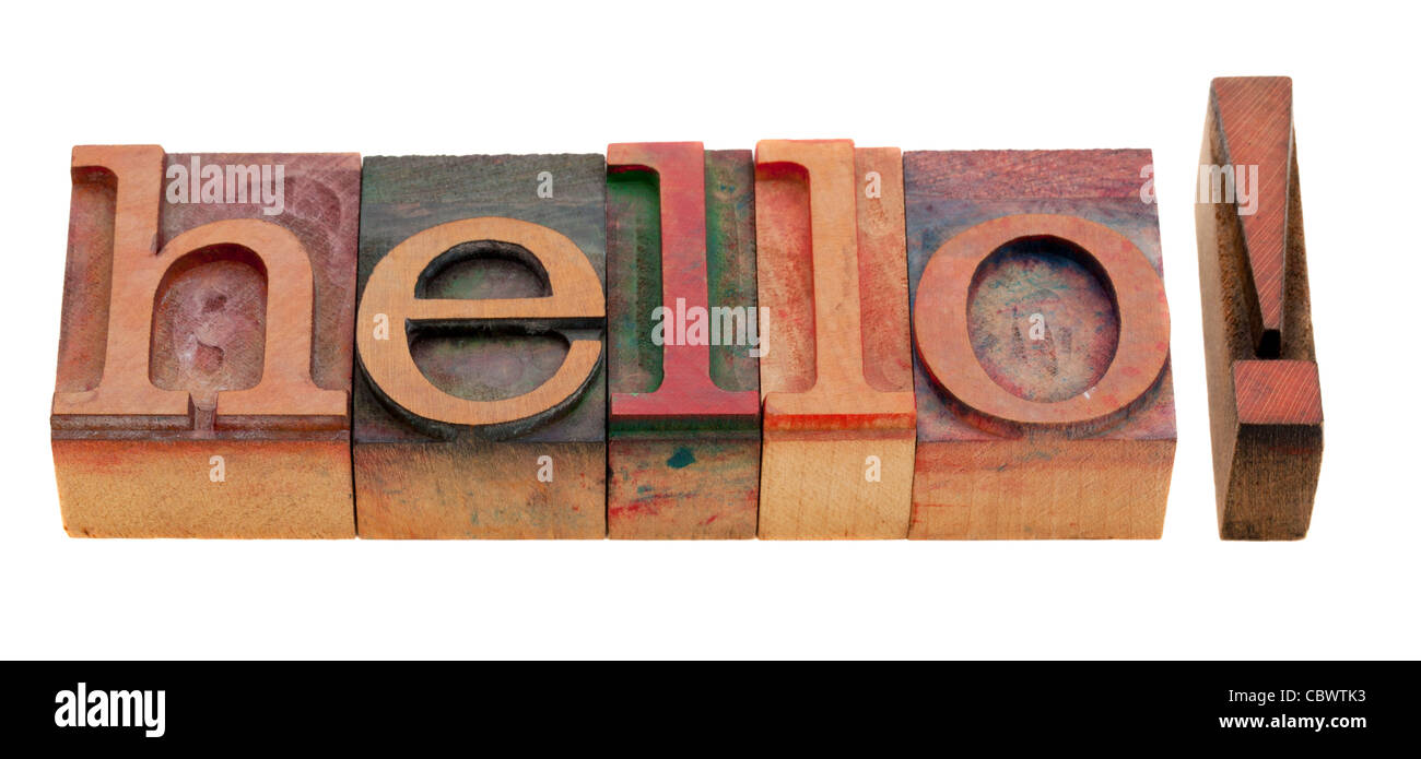 hello greetings - word in vintage wooden letterpress printing blocks ...