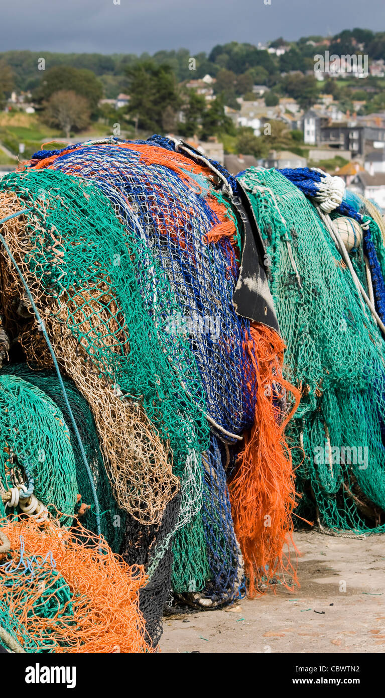 Multi colored fishing nets on The Cobb Lyme Regis Dorset Stock Photo ...