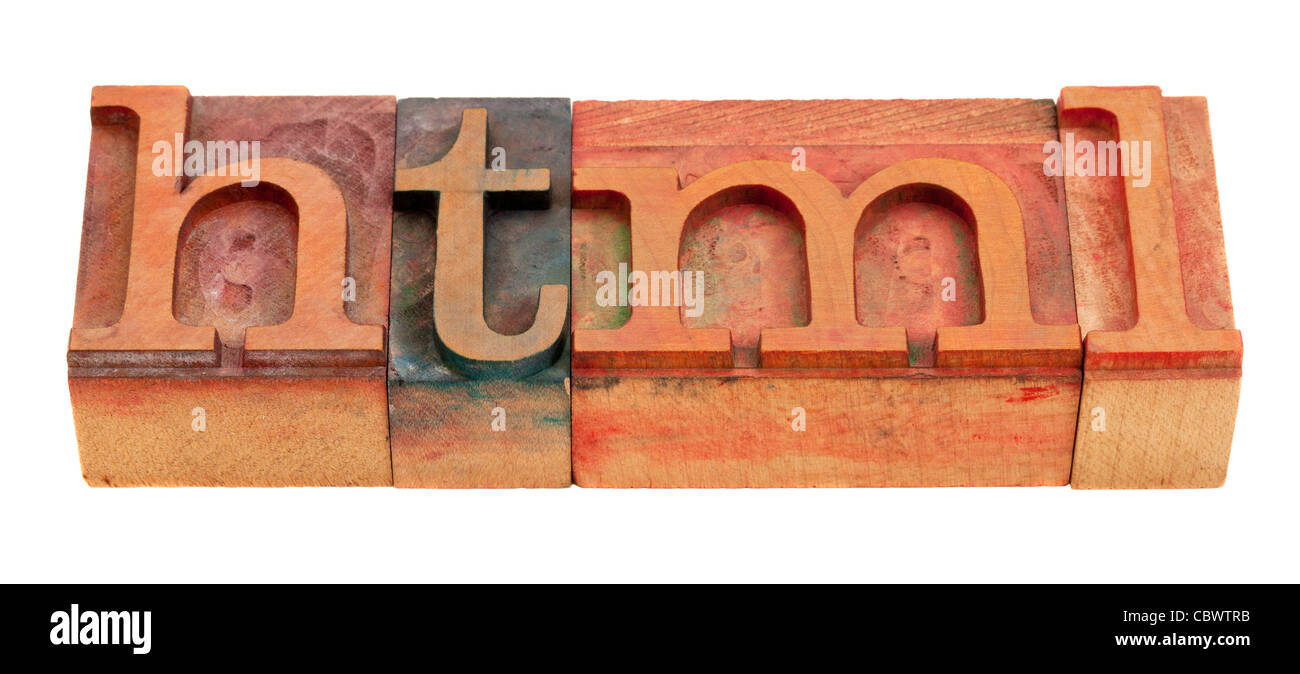 html (hyper text markup language) - word in vintage wooden letterpress ...