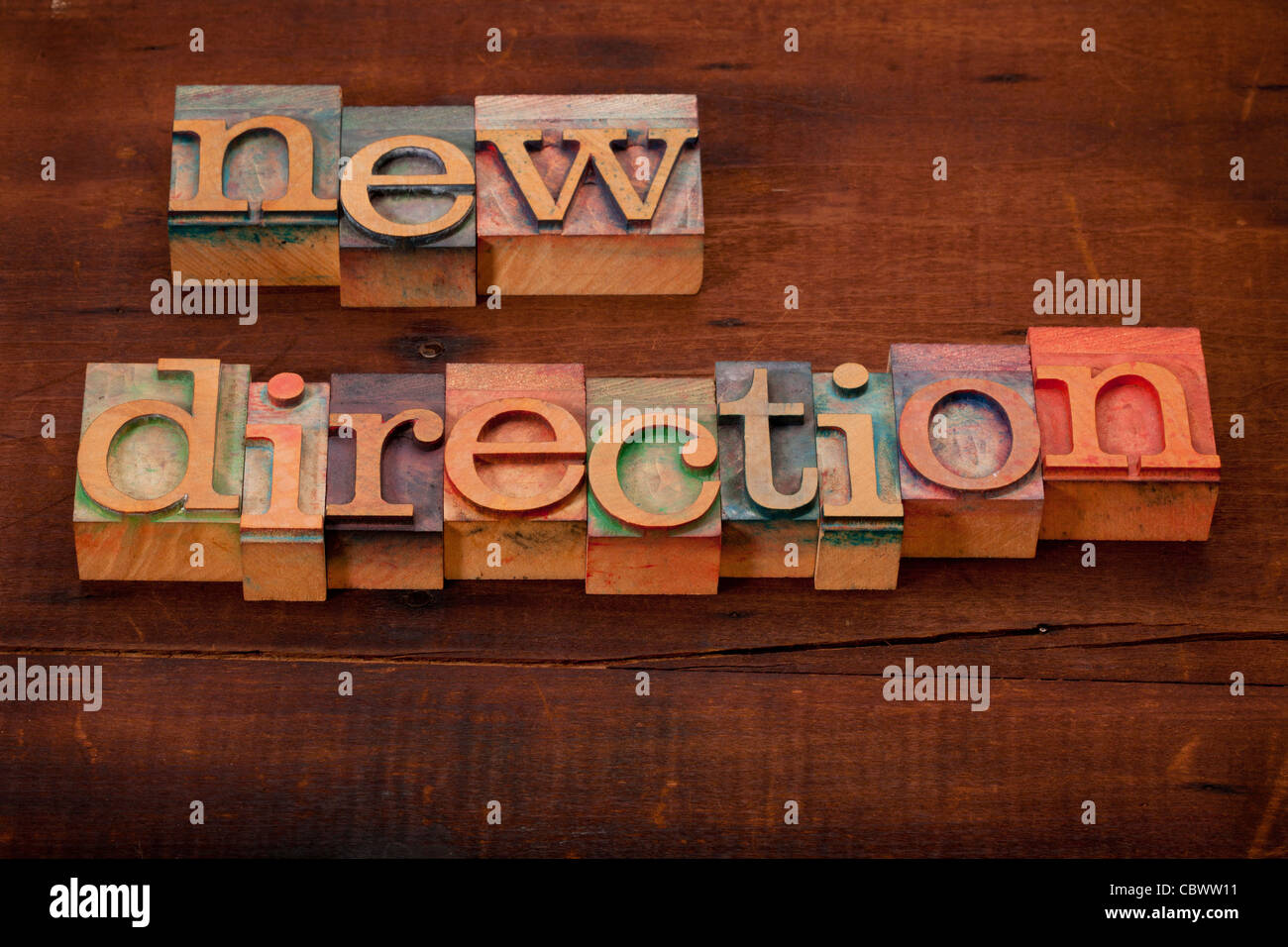 new direction words in vintage wooden letterpress printing blocks on ...