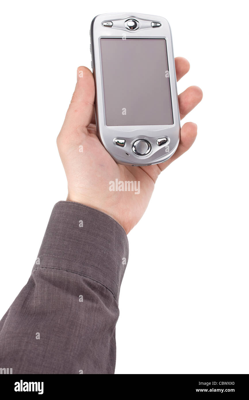 mobile phone in hand isolated on white background Stock Photo - Alamy