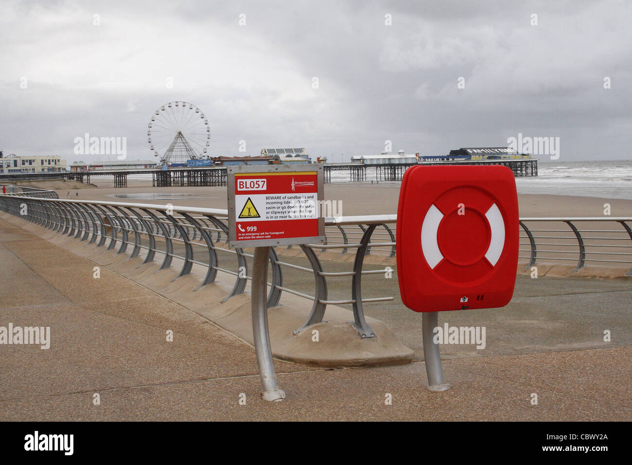 life ring and warning sign with central pier in background Blackpool ...
