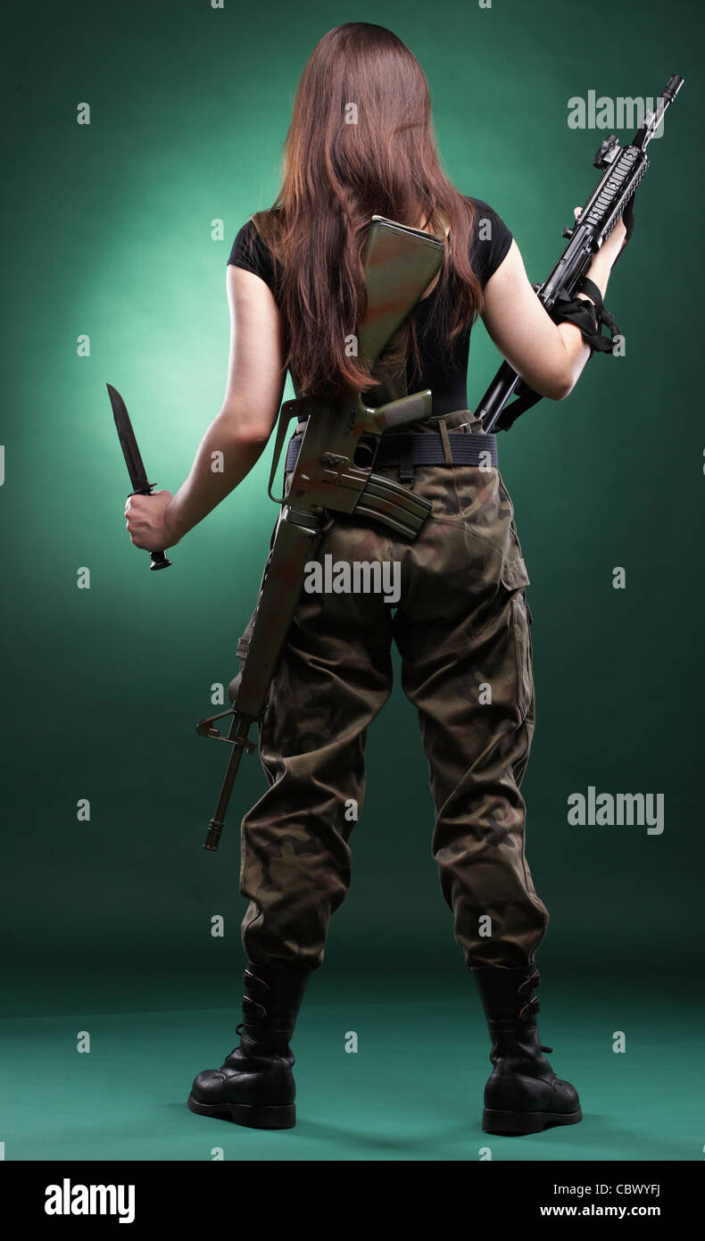 Beautiful woman with rifle plastic Military Army girl Holding Gun green ...