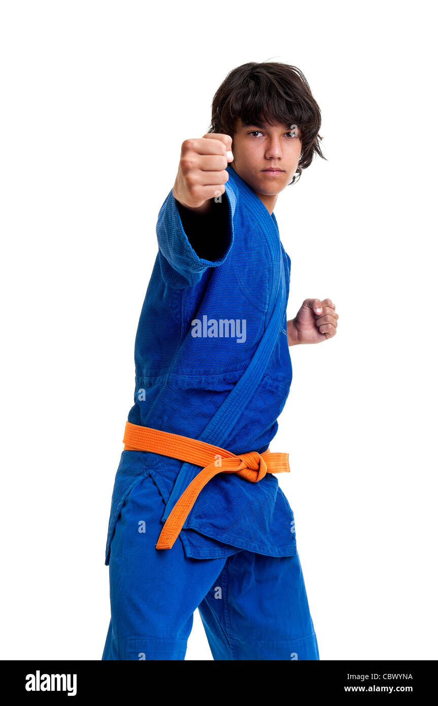 Young fighter posing against a white background Stock Photo - Alamy