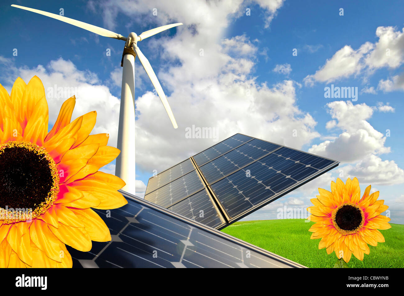 Sunflowers, solar panels and wind turbines in a green field Stock Photo ...