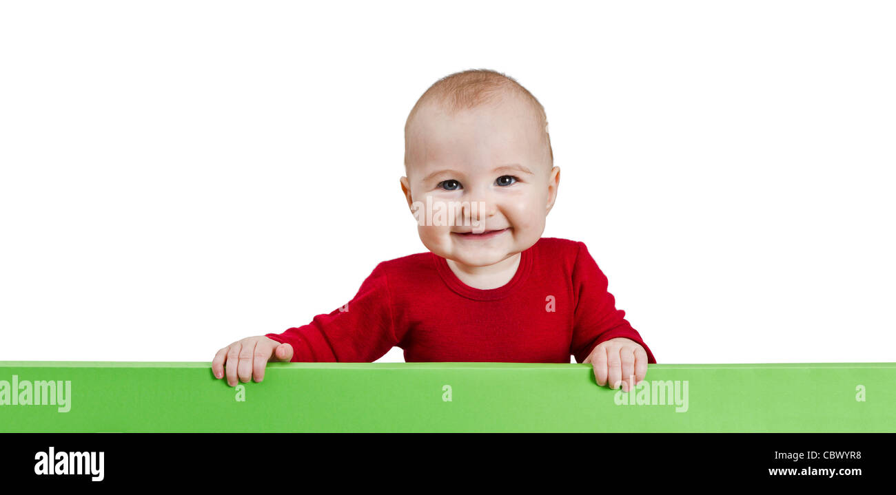 young child holding green sign. isolate on white background Stock Photo ...