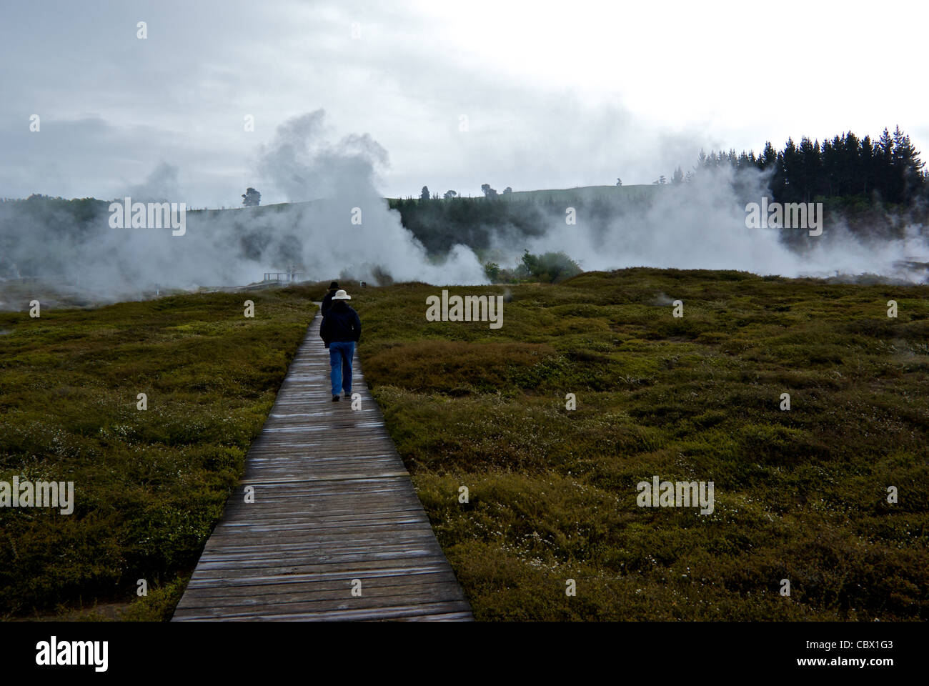 Visitors on wooden walkway Craters of the Moon geothermal steam vents ...