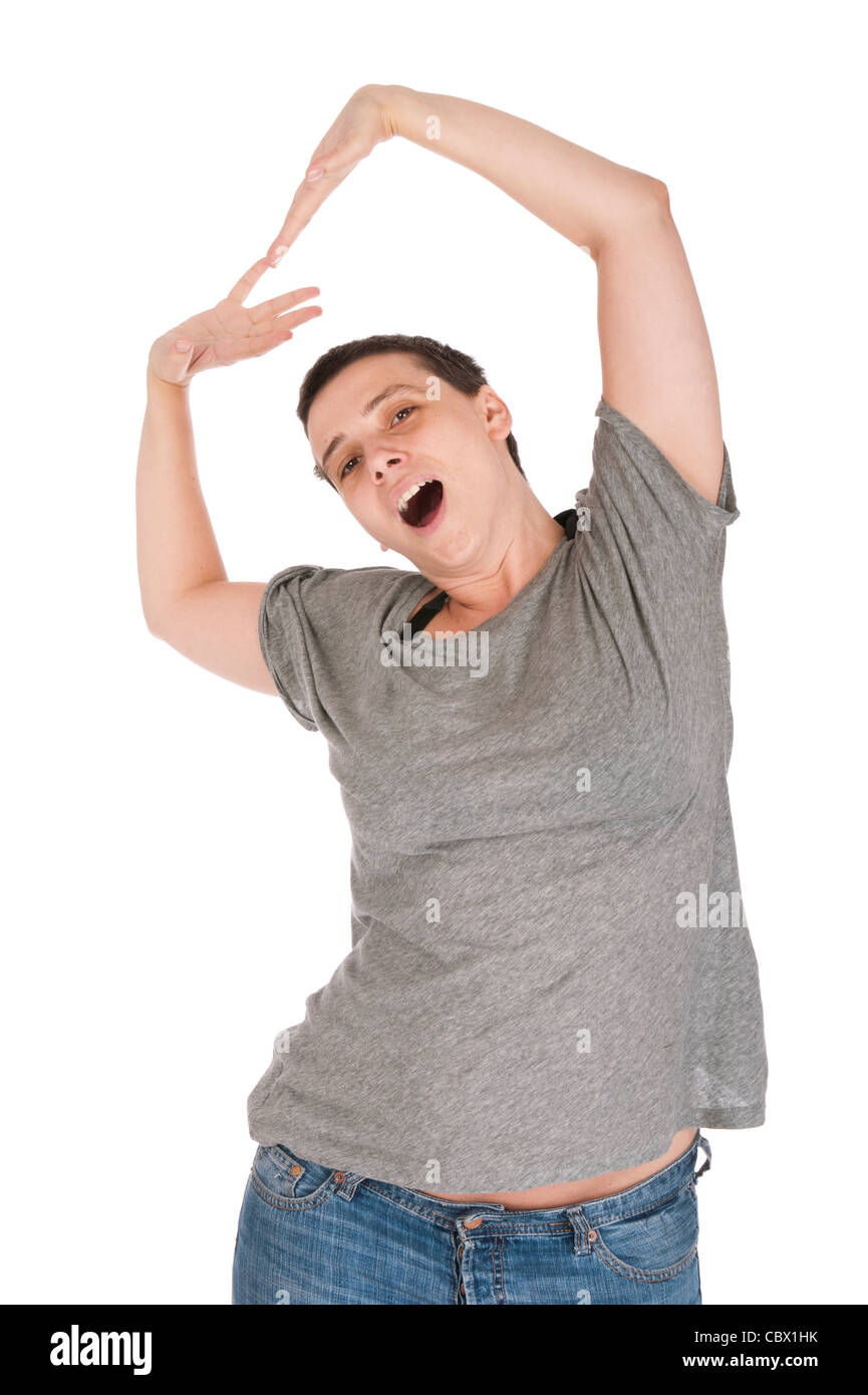 Tired woman portrait with arms raised Stock Photo - Alamy