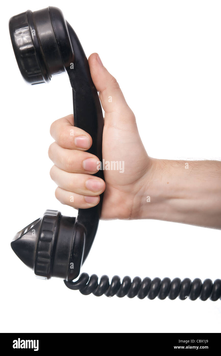 old phone and hand isolated on white Stock Photo - Alamy