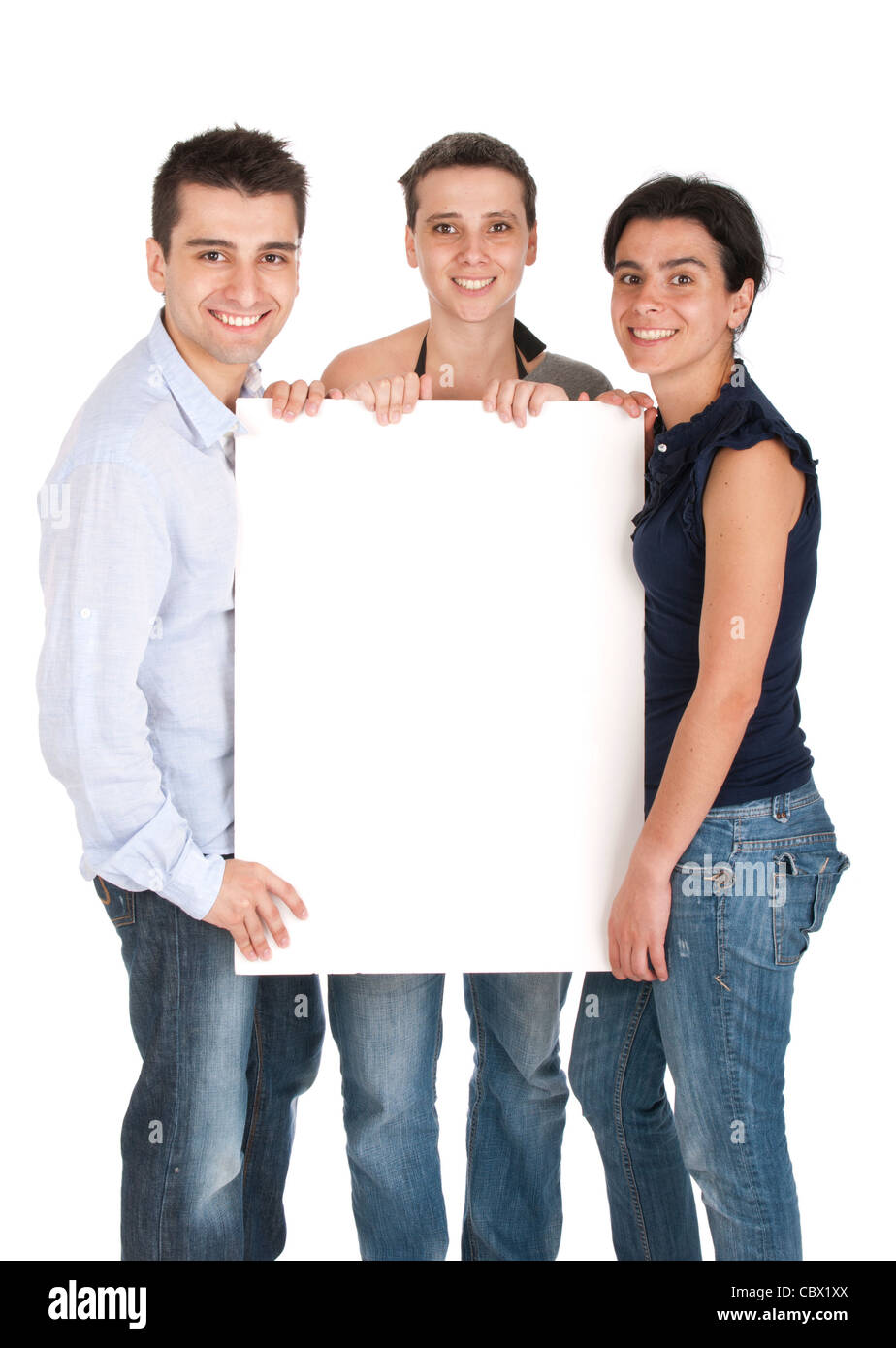 happy smiling brother and sisters holding a banner ad, isolated on ...