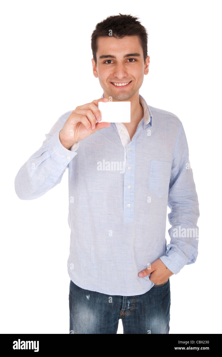Casual man holding card Stock Photo - Alamy