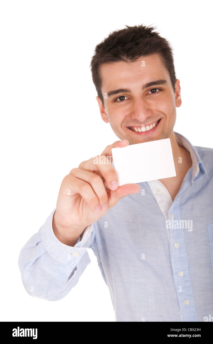 Casual man holding card Stock Photo - Alamy