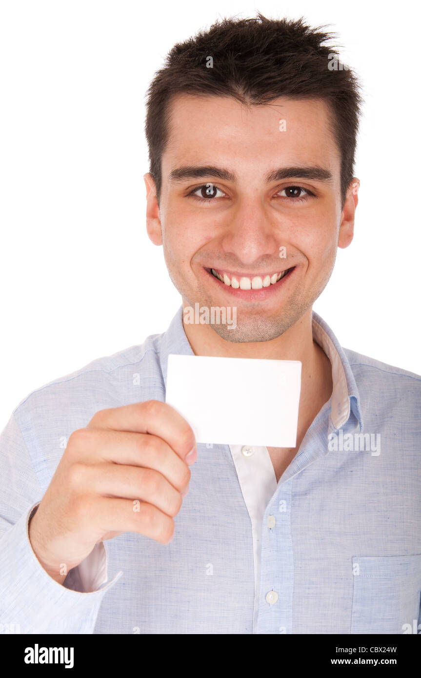 Casual man holding card Stock Photo - Alamy