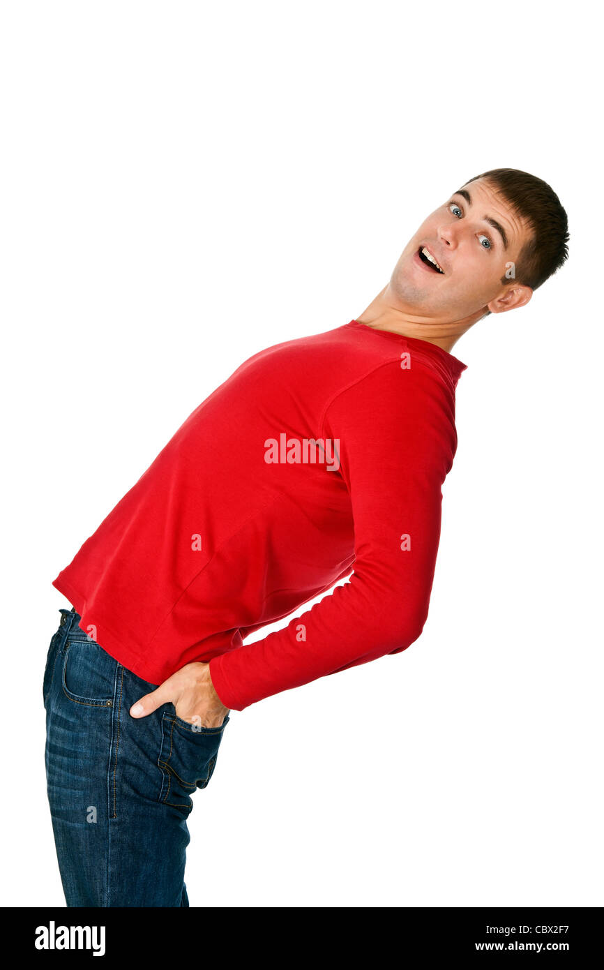 flexible man in red clothes and jeans on a white background Stock Photo ...