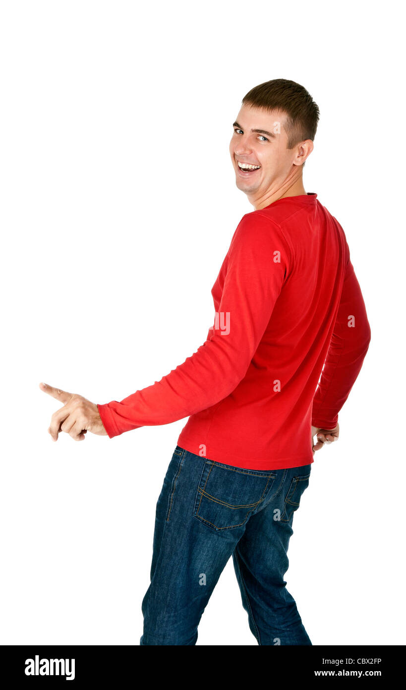man smiles and points at a white background Stock Photo - Alamy
