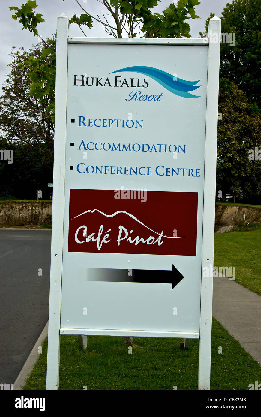 Entrance sign Huka Falls Resort development Lake Taupo Waiakato River ...