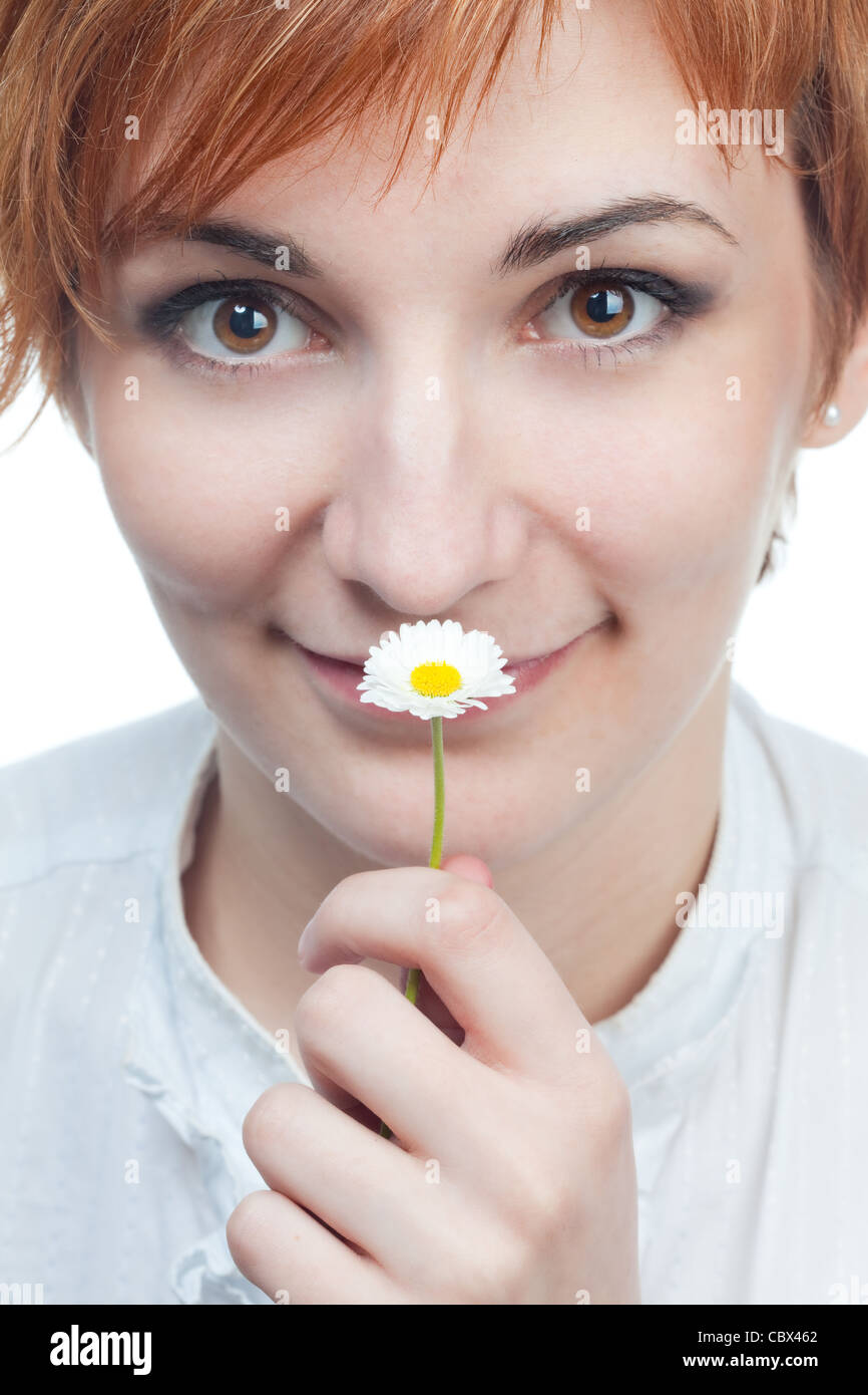 Young woman hold daisy Stock Photo - Alamy