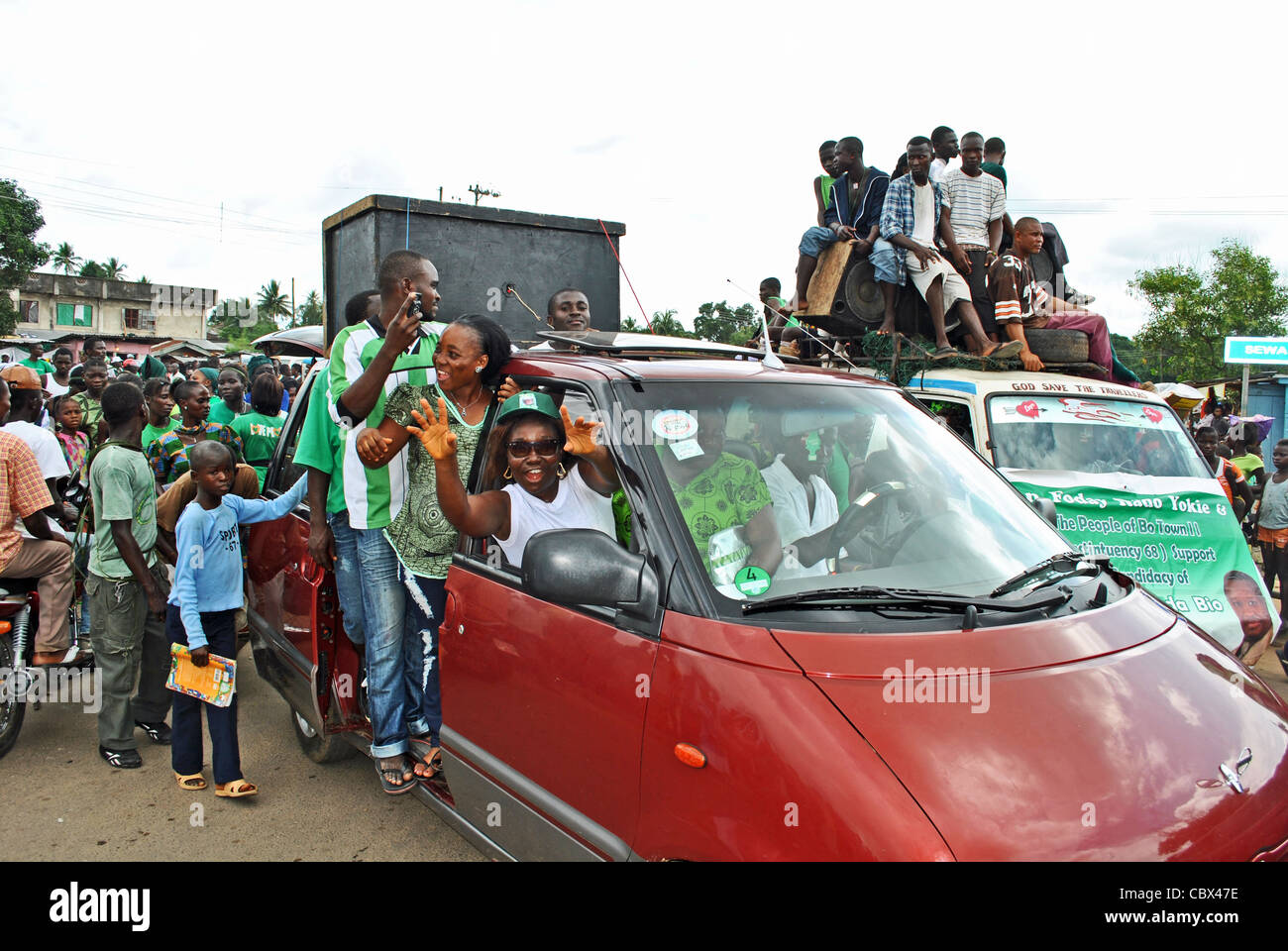 Supporters of Julius Maada Bio's SLPP party at a rally in Bo town ahead ...