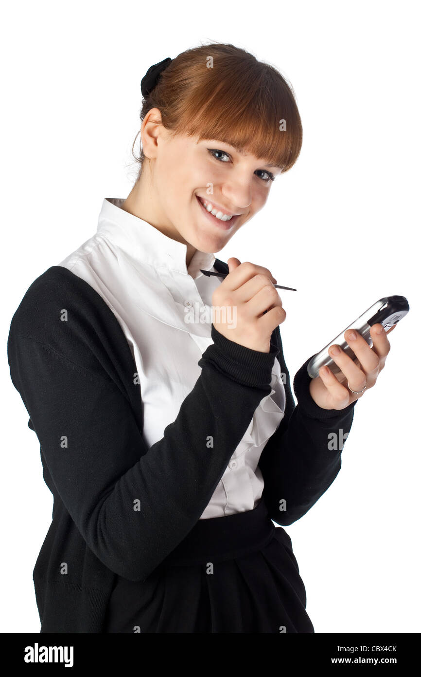 Female using mobile organiser isolated on white background Stock Photo ...