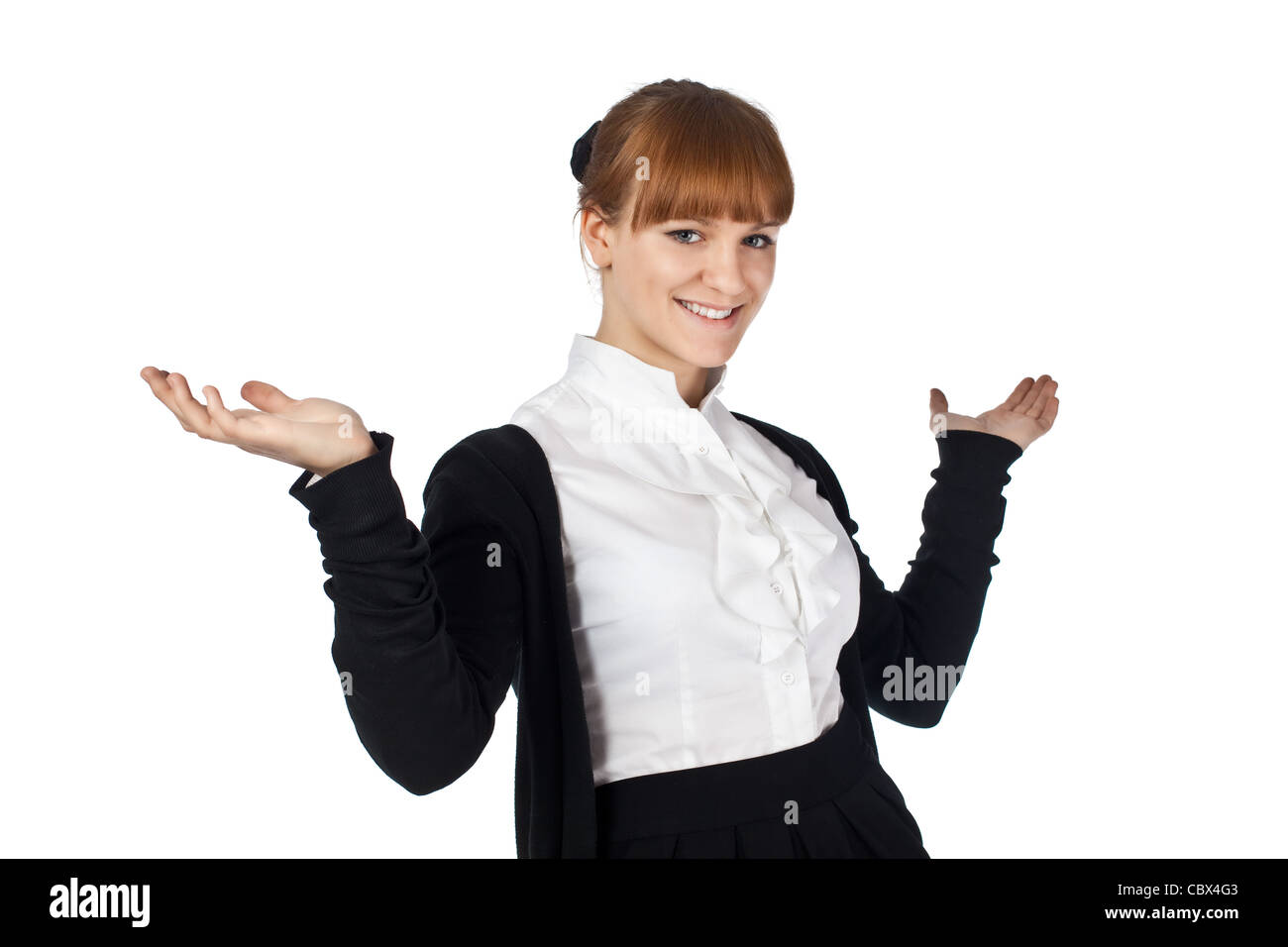Female holding something isolated posing woman Stock Photo - Alamy