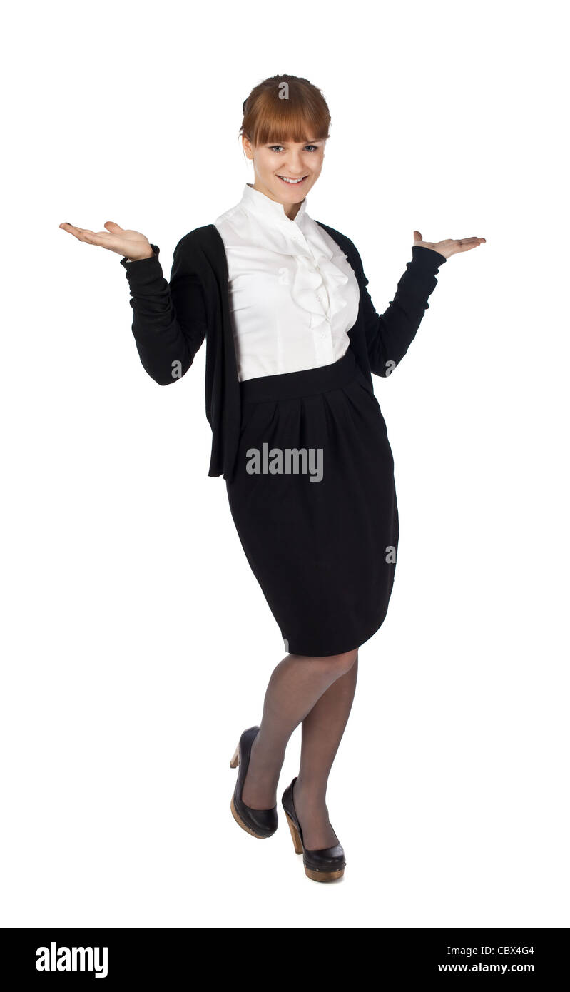 Female holding something isolated posing woman Stock Photo - Alamy