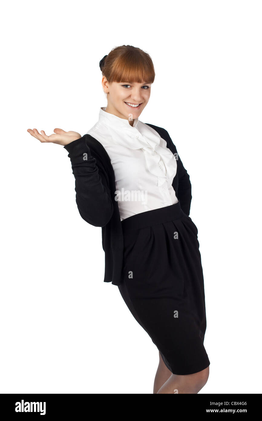 Female holding something isolated posing woman Stock Photo - Alamy