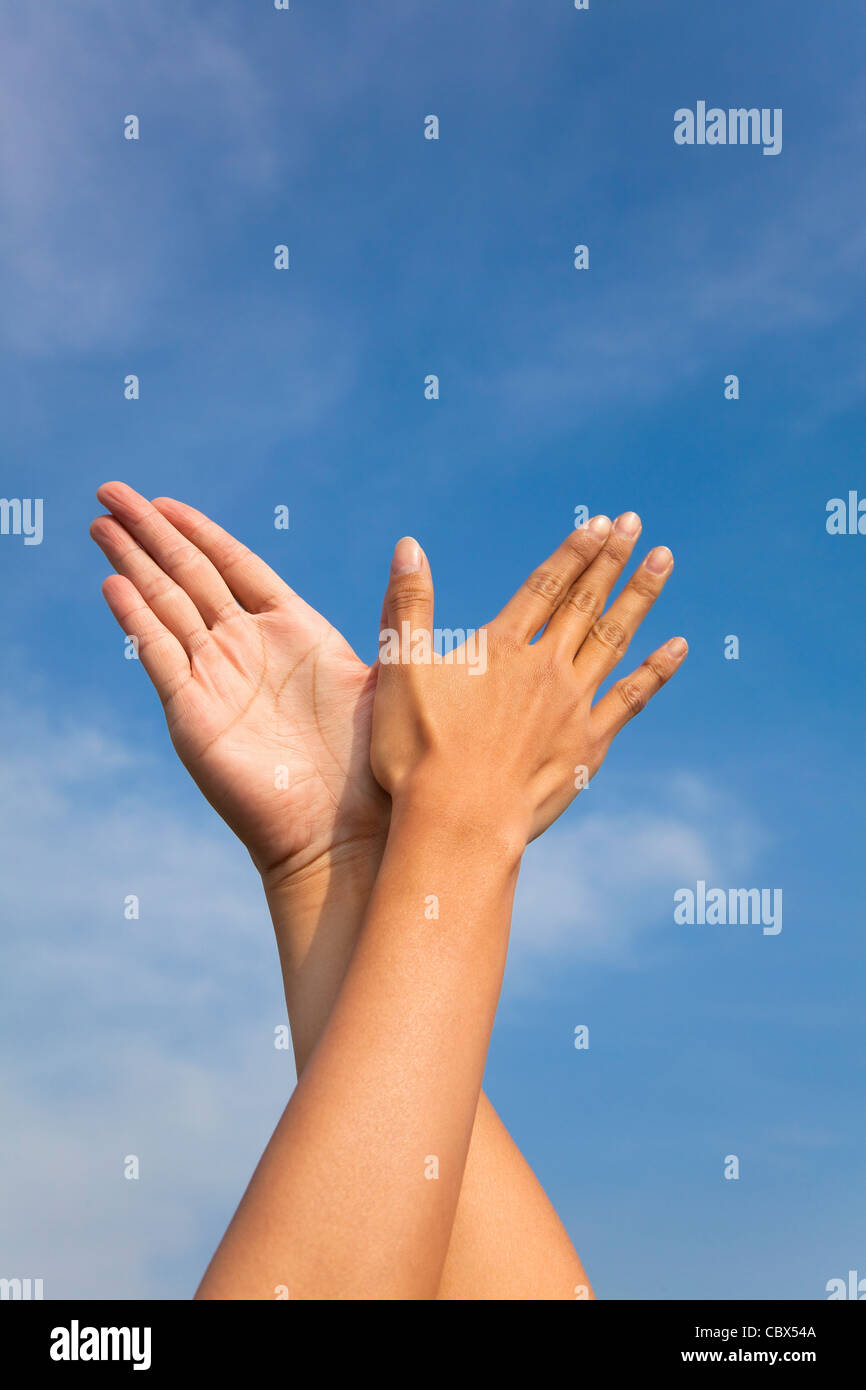 bird hand gesture in the blue sky Stock Photo - Alamy