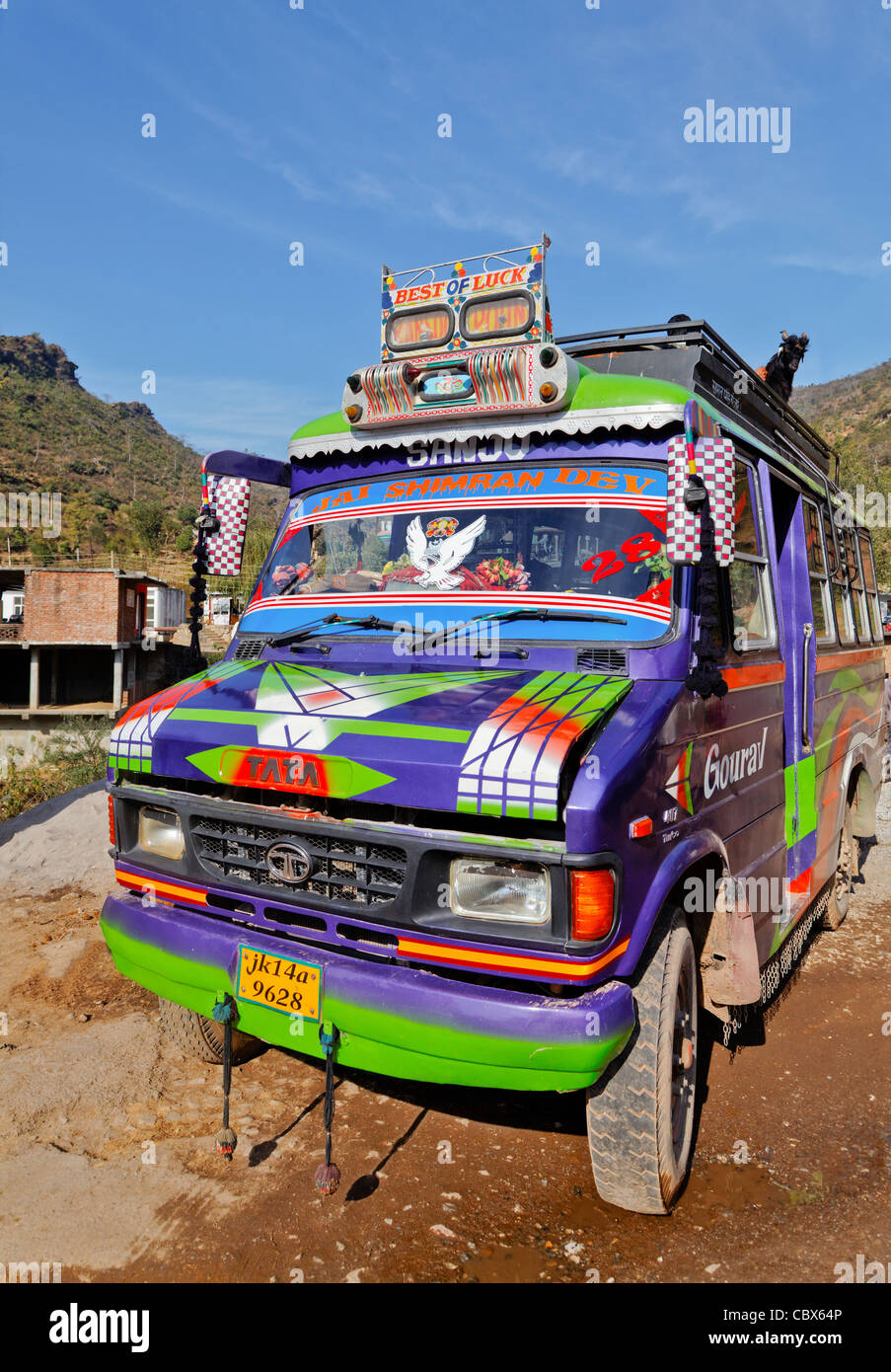 Brightly colored local transport and infrastructure Jammu Kashmir India ...