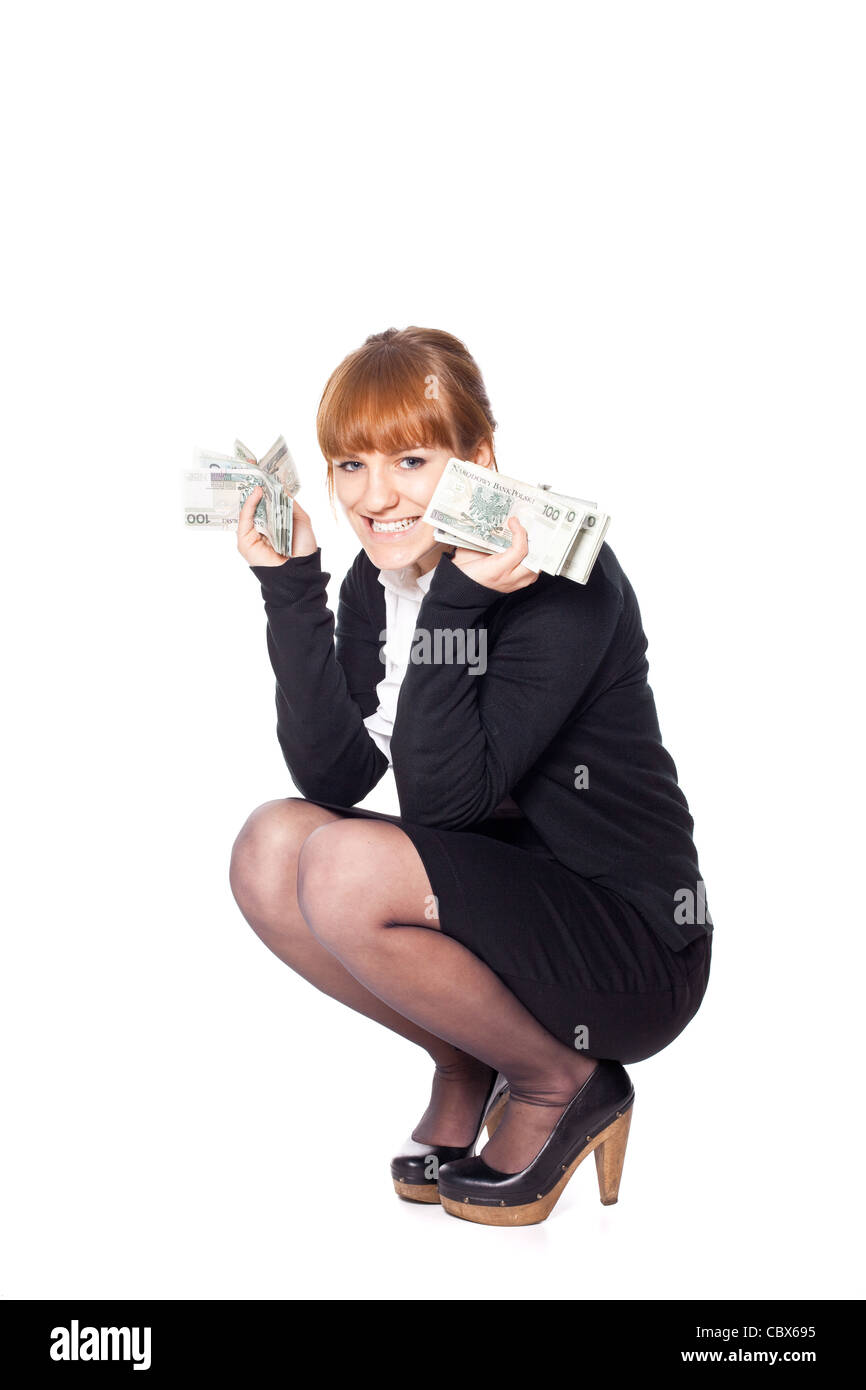 Happy woman holding open Cut Out Stock Images & Pictures - Alamy