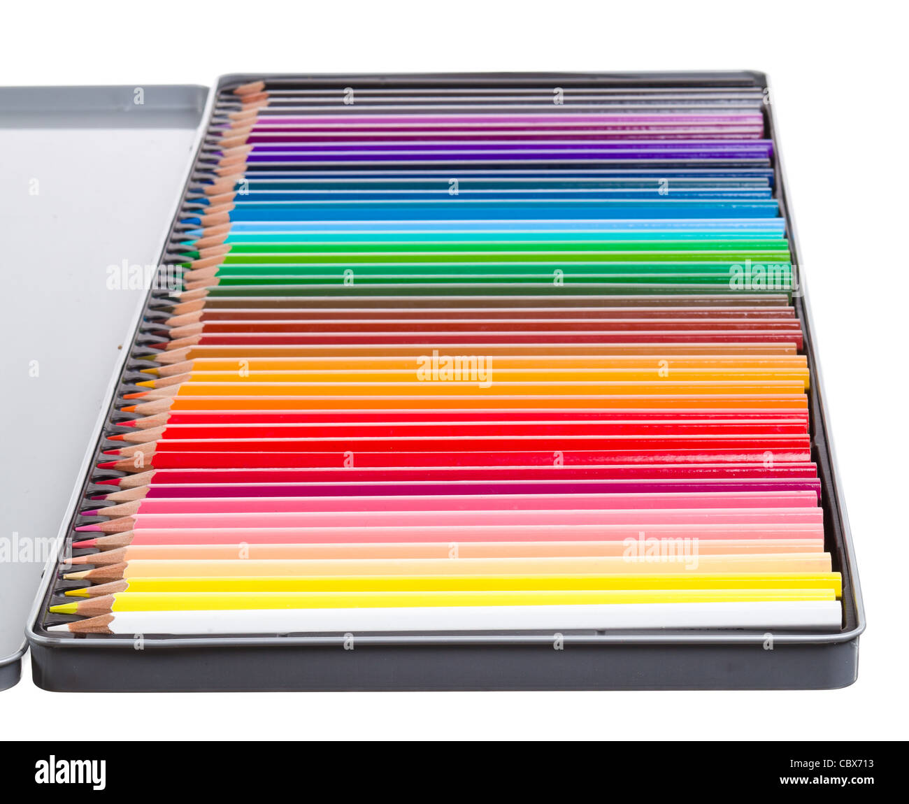 Color crayons in metal box isolated on white background Stock Photo - Alamy