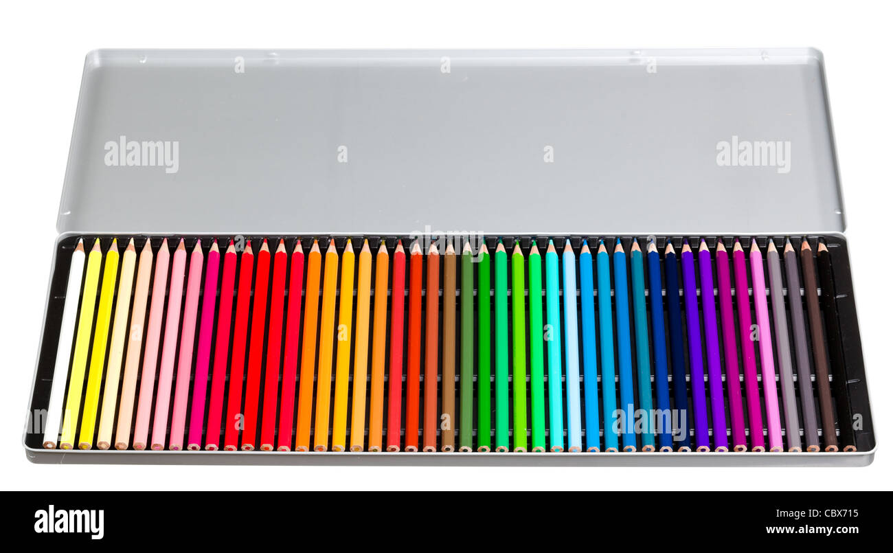Color crayons in metal box isolated on white background Stock Photo - Alamy