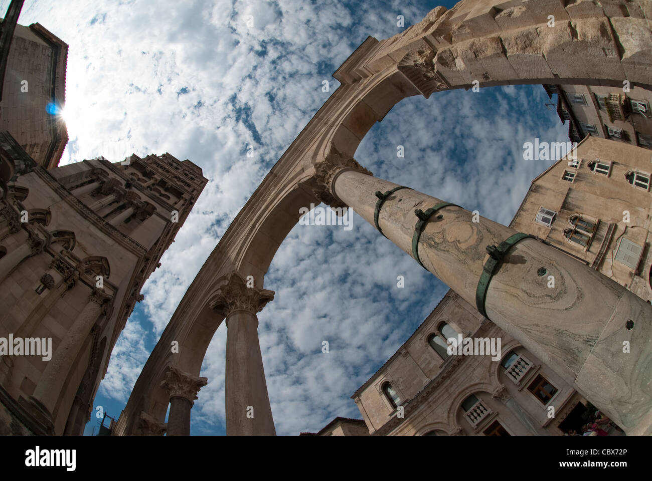 The columns of the Dioclecian palace in Split, Croatia. Peristil Area ...