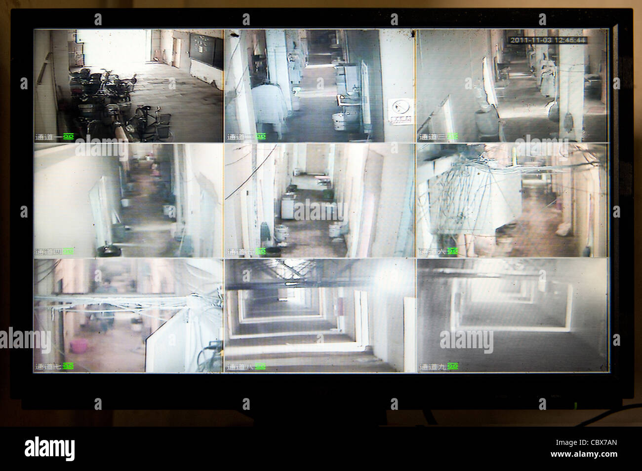 Monitor screen for CCTV cameras at a residential compound housing ...