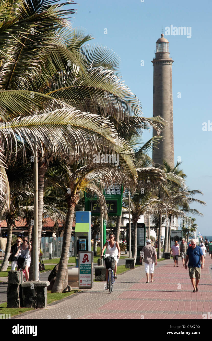 Meloneras beach walk leading to Maspalomas lighthouse (Faro) on a sunny ...