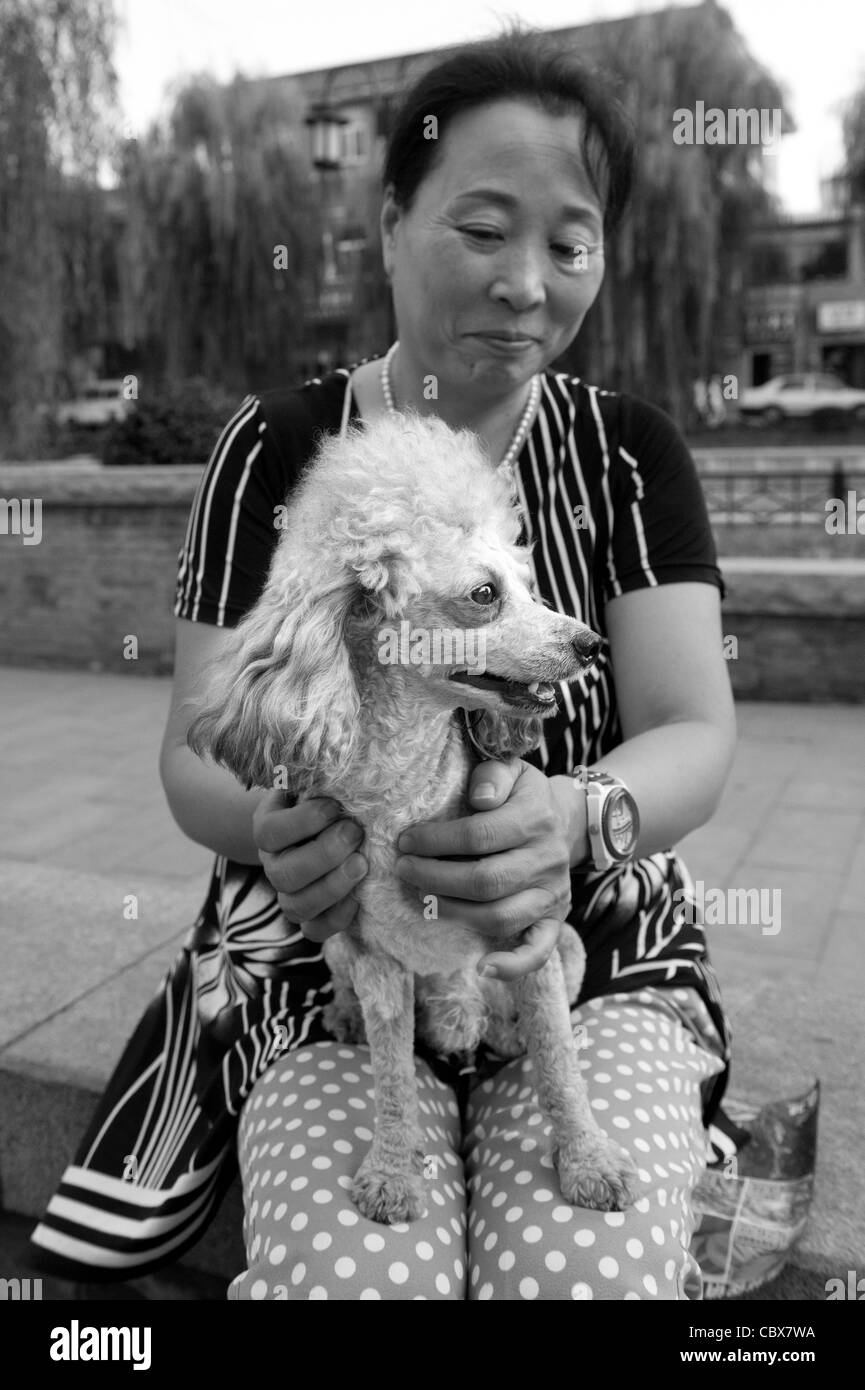 Beijing, Houhai. Woman with her poodle dog Stock Photo - Alamy