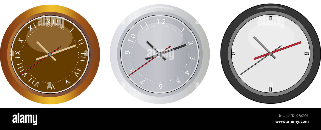 Three age clocks, past, present, future Stock Photo - Alamy