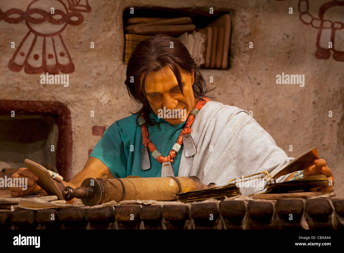 Ancient American religious scholar reading scripture and old scrolls ...