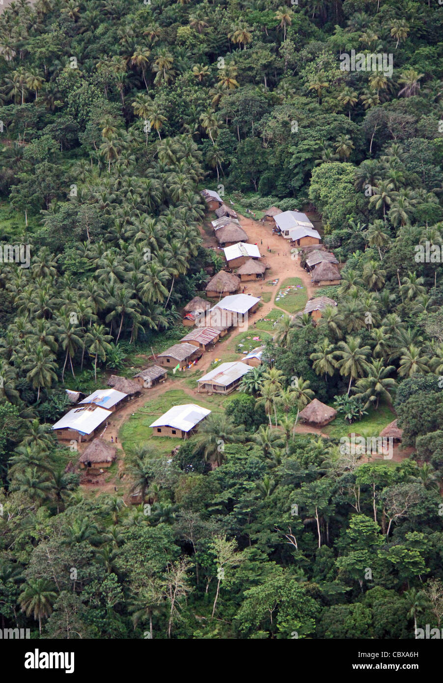 Aerial view of a village in the forest near Freetown, Sierra Leone ...