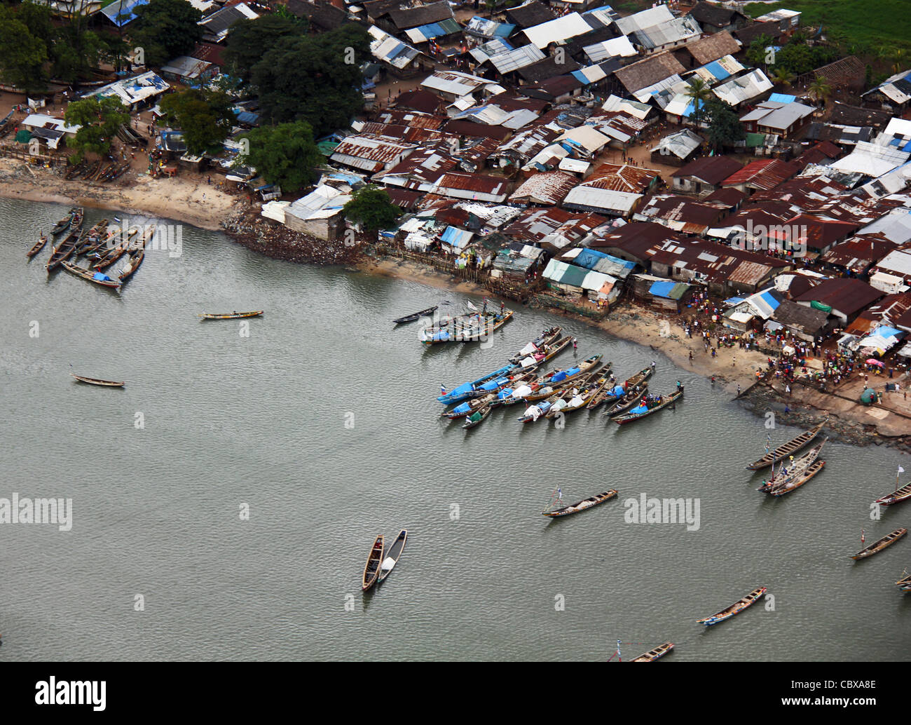 Aerial view of the fishing village of Tombo, on the Freetown peninsula ...