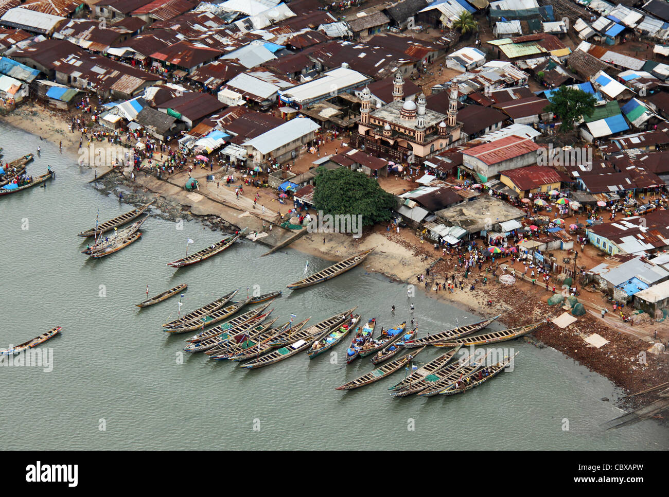Aerial view of the fishing village of Tombo, on the Freetown peninsula ...