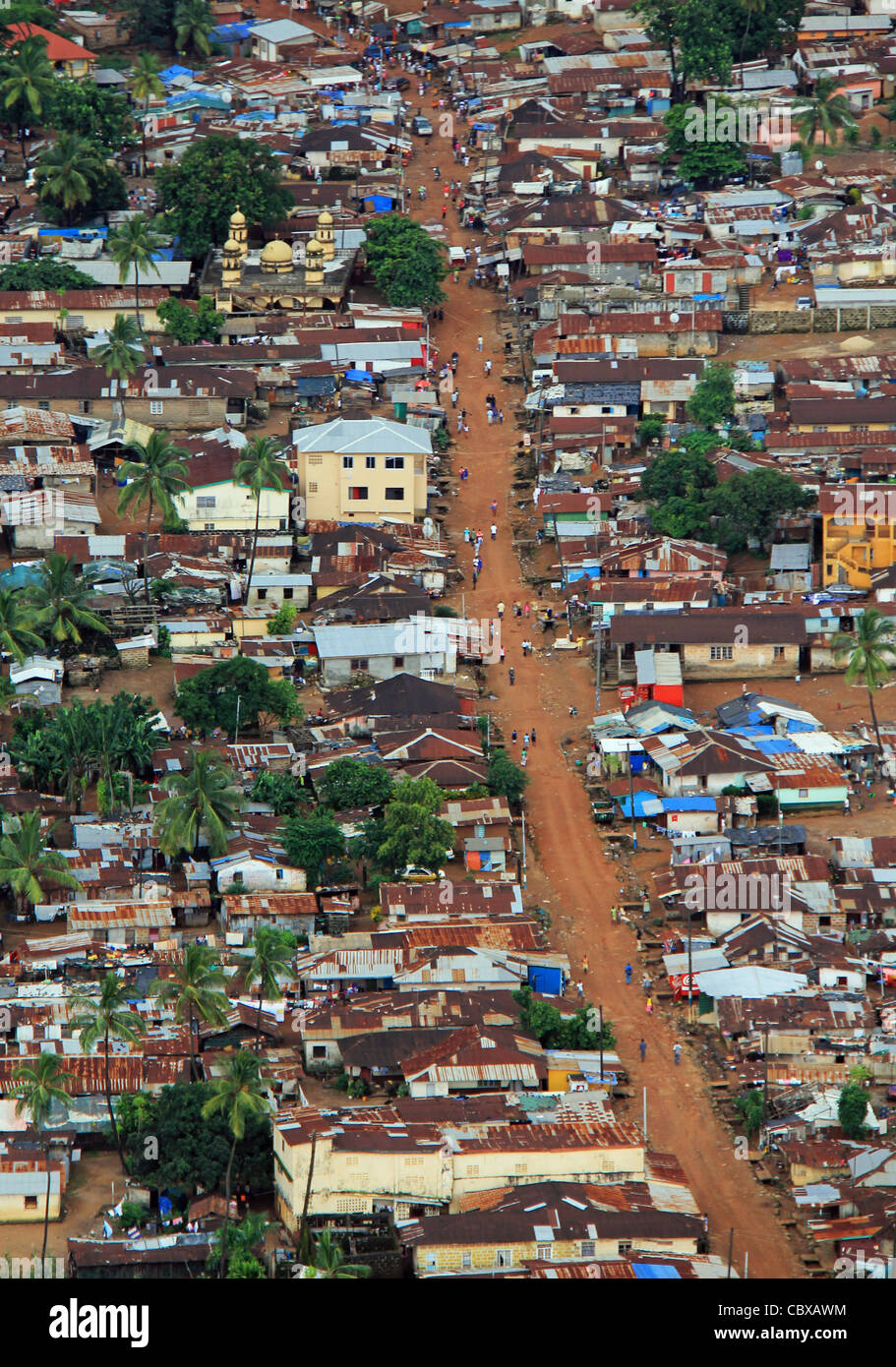 Aerial view of a road in an outlying area of Freetown, Sierra Leone ...