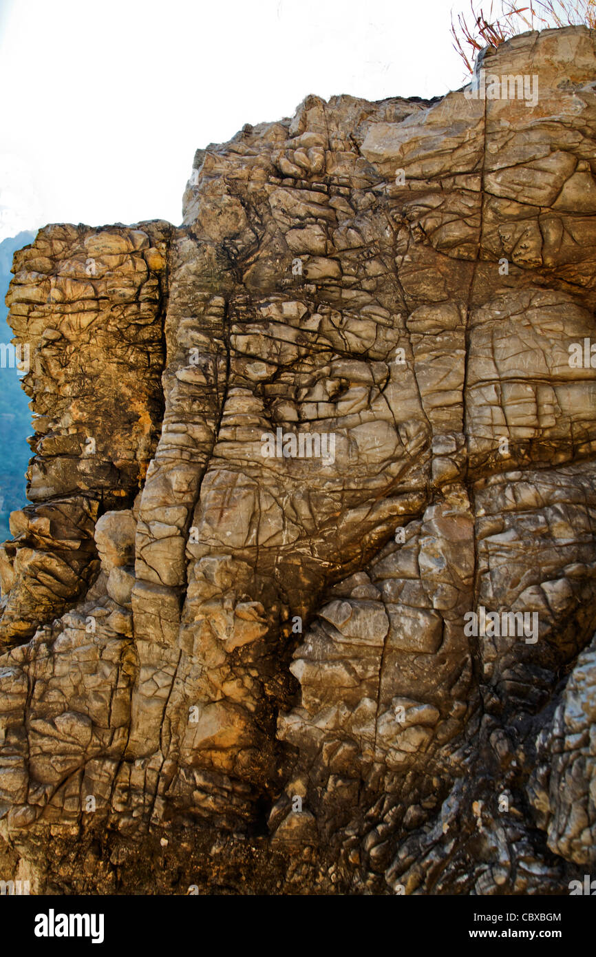 Portrait of cliff depicting elephants heads along the public foot ...