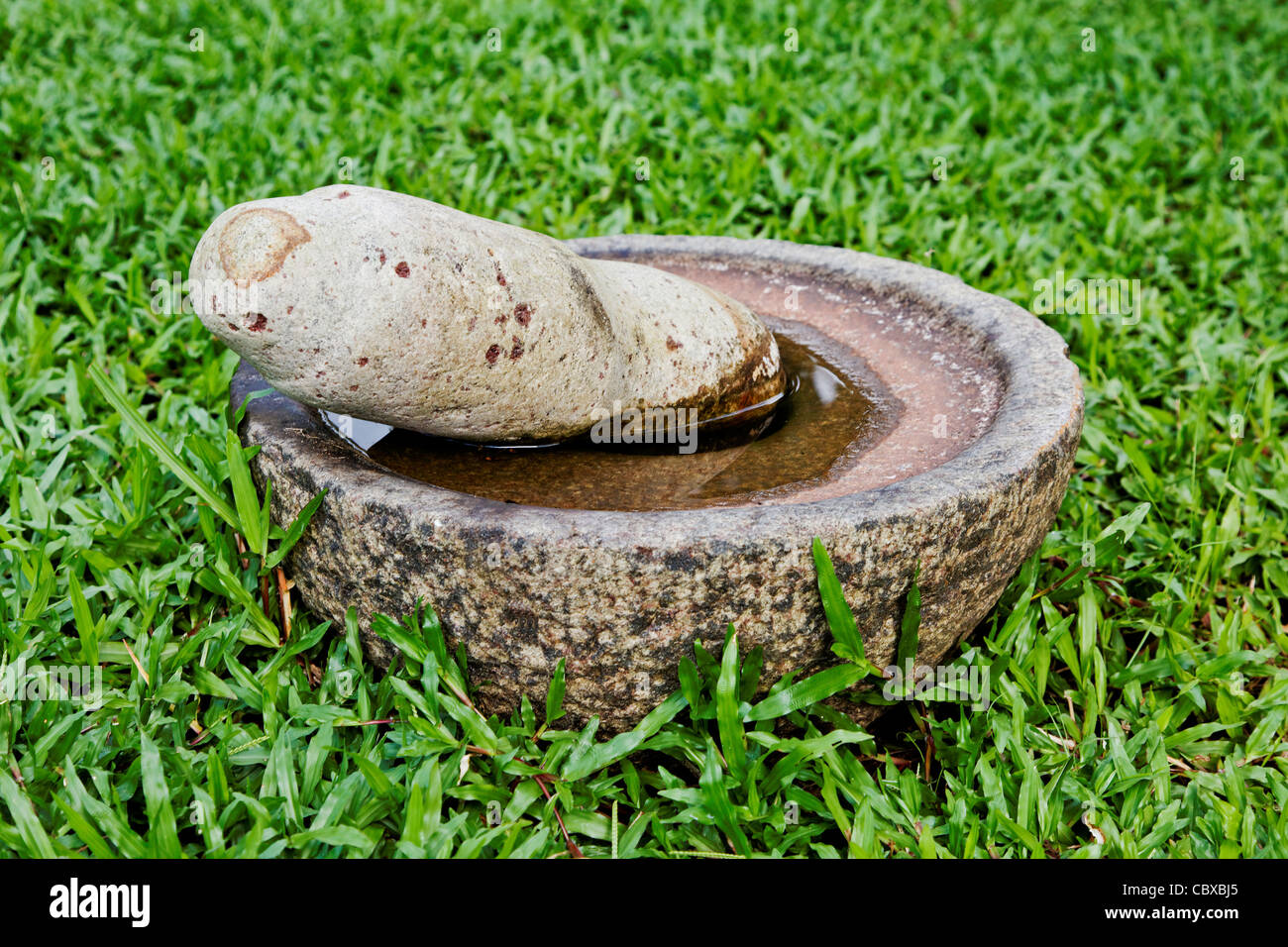 Landscape of a large pestle and mortar used a garden feature and bird ...