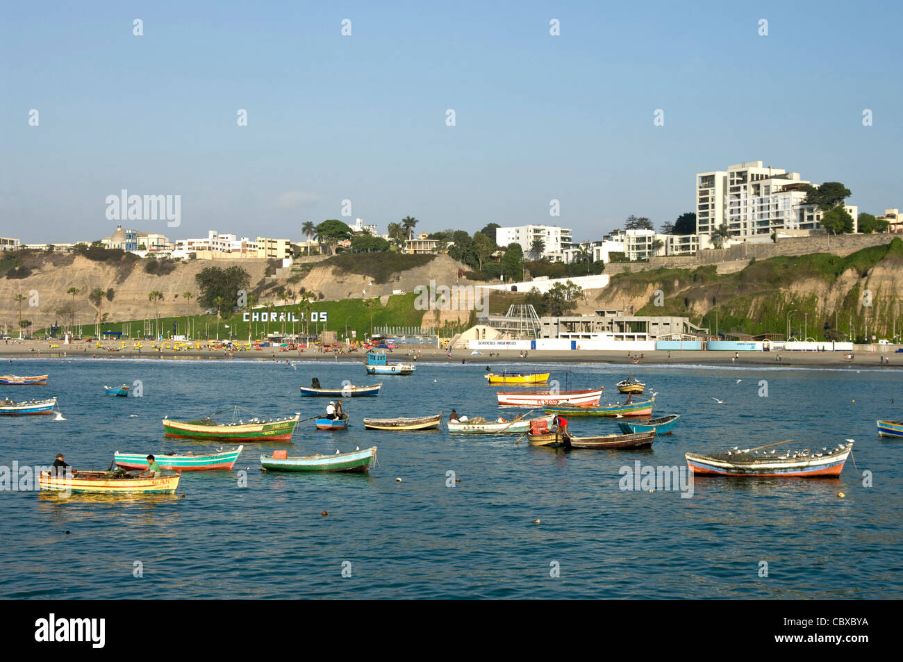 Peru. Lima city. Chorrillos port. Green coast. Fisherman Stock Photo ...