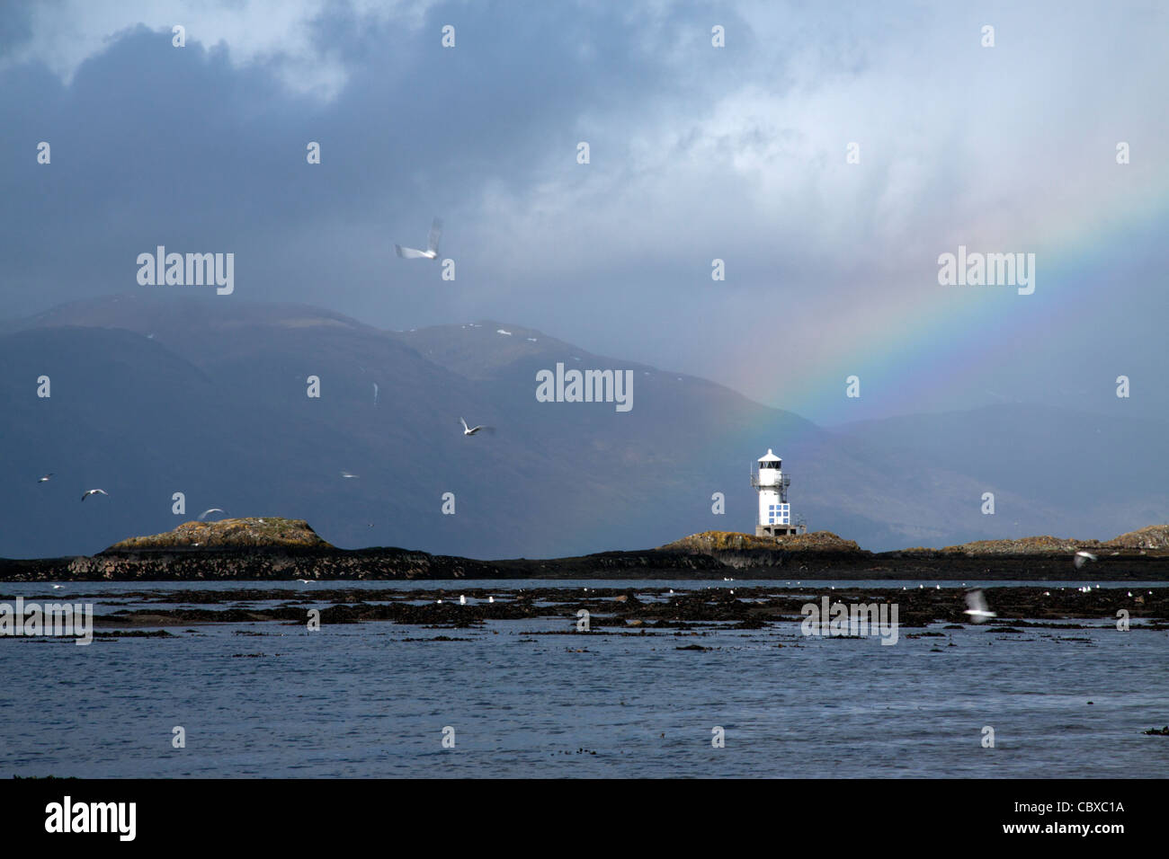 The lighthouse at Port Appin on the shores of Loch Linnhe in the West ...