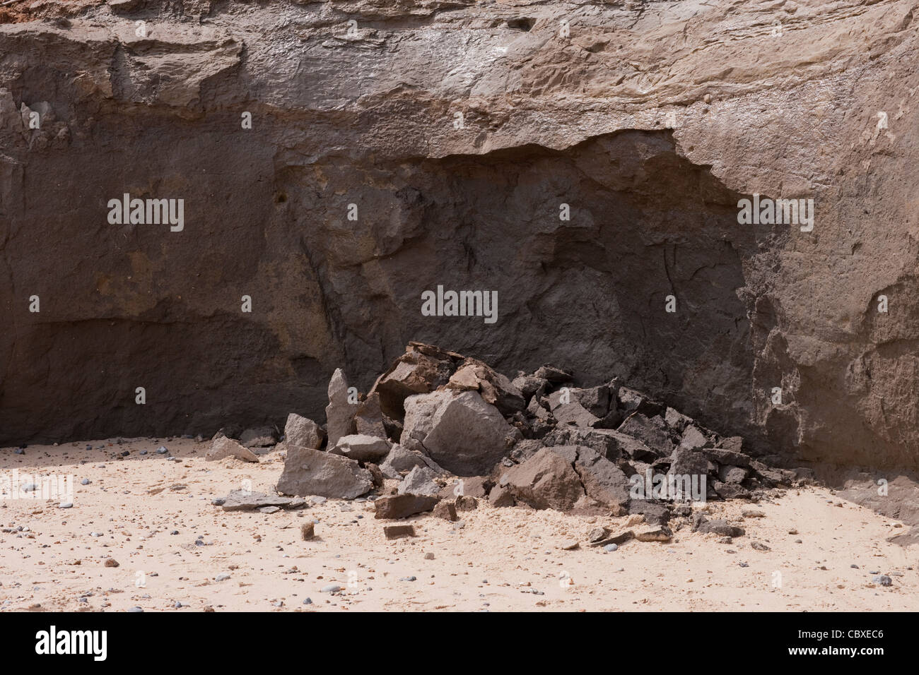 Happisburgh beach. Norfolk. East Anglia. Base of cliff with recent ...