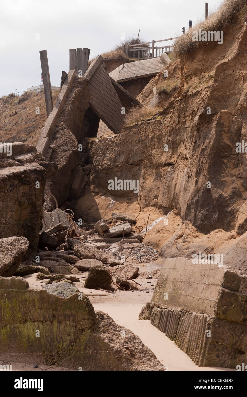 Happisburgh, North Norfolk. Collapsed and destroyed sea wall eroded by ...