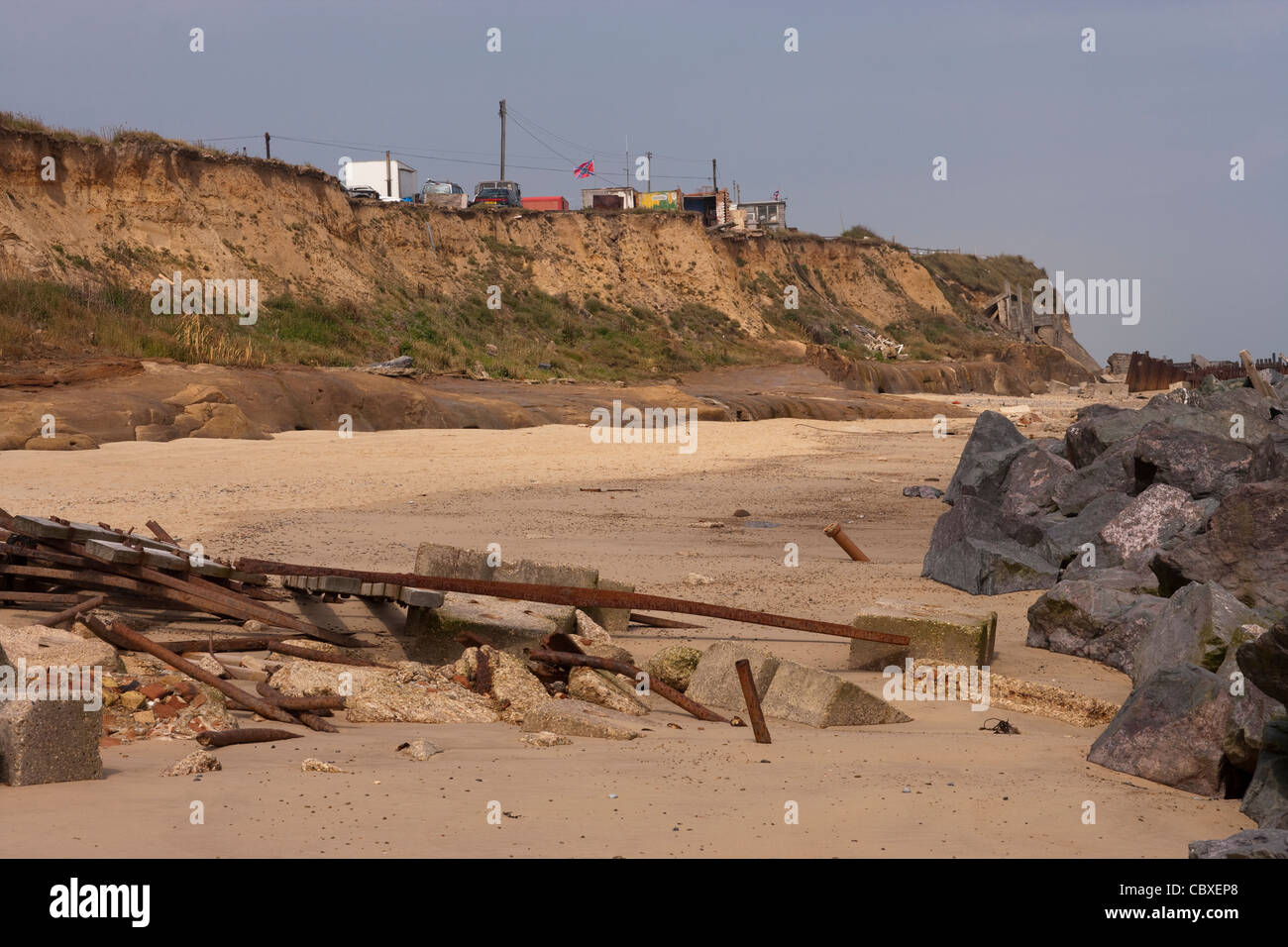 Happisburgh coastline, North Norfolk, East Anglia. Erosion of cliffs by ...